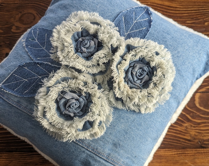 Recycled Denim Flower Pillow, Handmade Mother's Day Gift Pillow ...