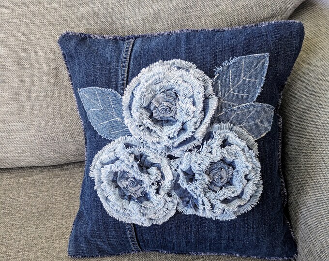 Recycled Denim Flower Pillow, Handmade Mother's Day Gift Pillow ...