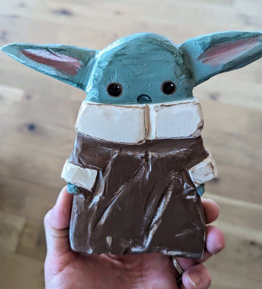 Wooden Din Grogu, Baby Yoda, Hand Painted Carved Wood Cartoon Ornament ...