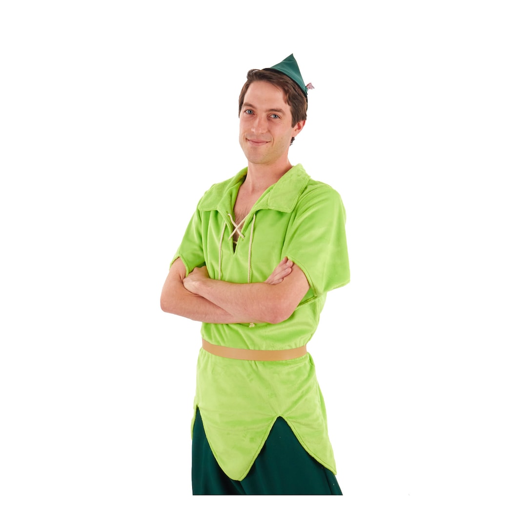 Men's DELUXE Plush Classic PETER PAN Lime Green Tunic Hat Elf Costume ...
