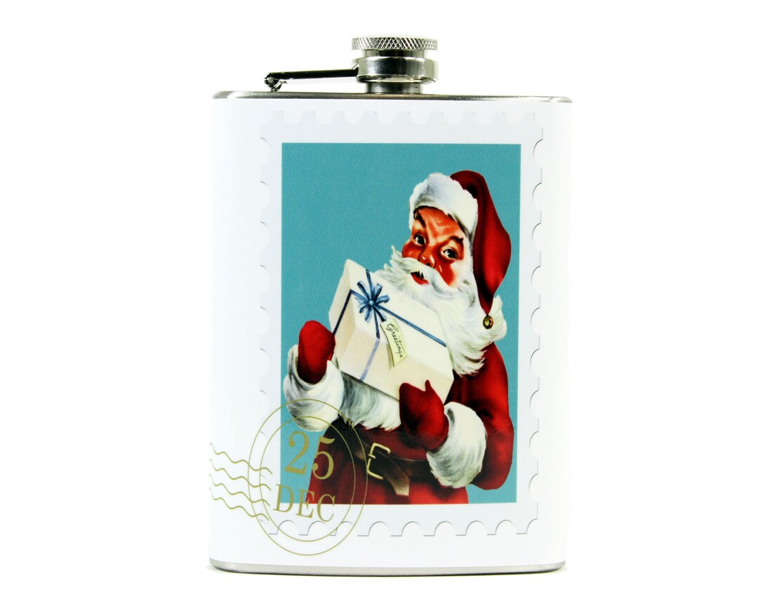 8 Oz. Stainless Steel Christmas Flask Retro Vintage Santa Postage Stamp ...