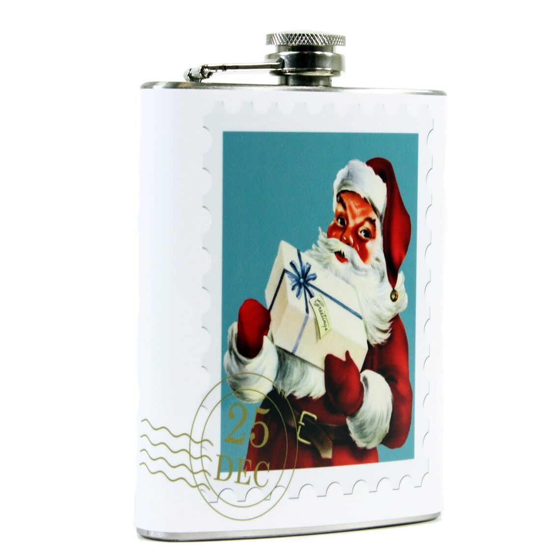 8 Oz. Stainless Steel Christmas Flask Retro Vintage Santa Postage Stamp ...