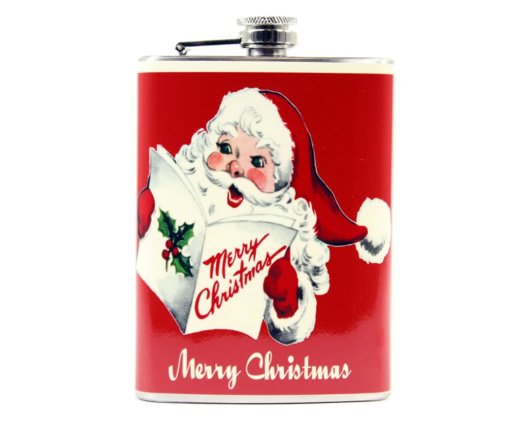 8 Oz. Stainless Steel Christmas Flask Retro Vintage Santa Reading ...