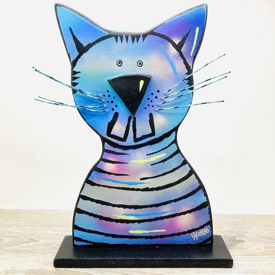 Heusso ORIGINAL Art 18 Blue Wooden Cat Stand Figure Bust SIGNED - Etsy