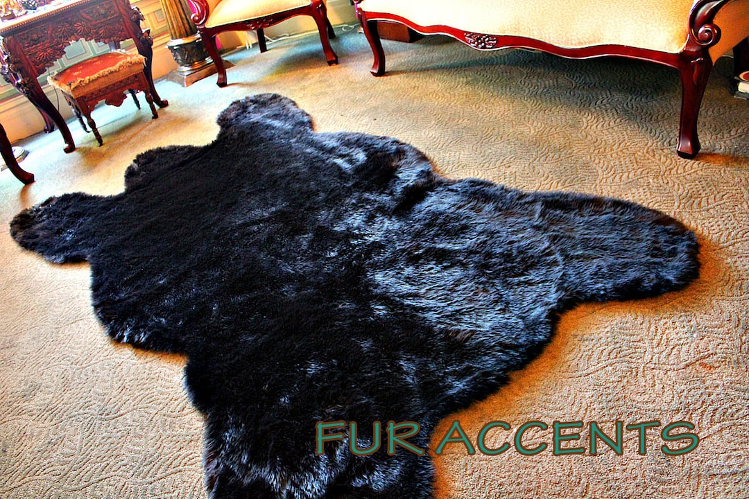 Faux Black Bear Skin Pelt Rug Realistic Plush Soft Faux Fur Huge Life ...
