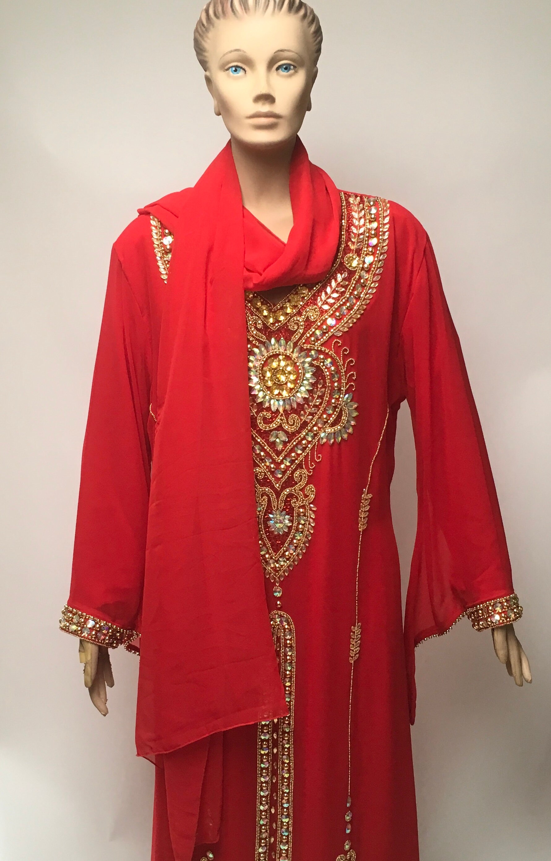 Red Beaded Statement Maxi Dress and Scarf - Etsy