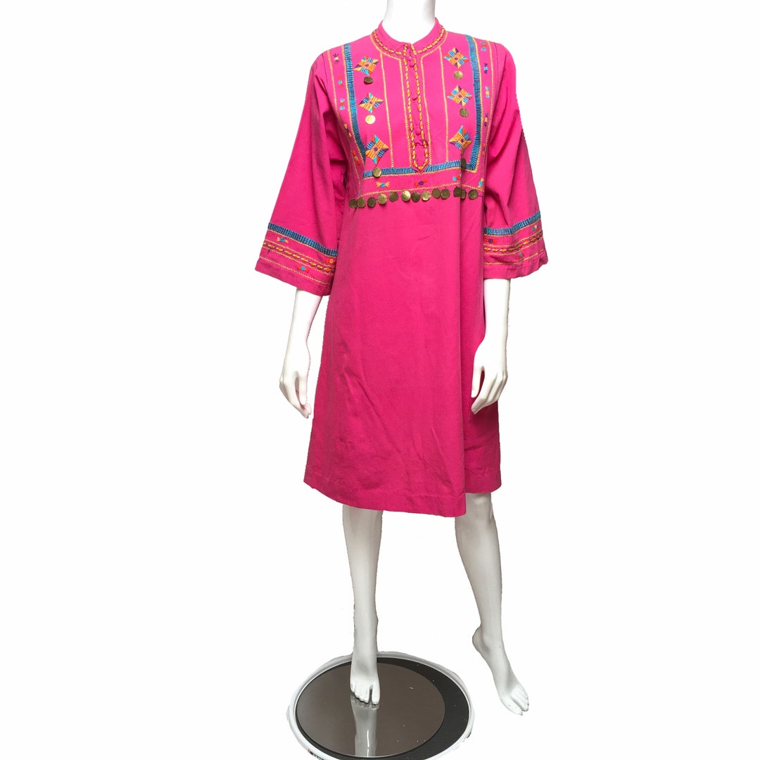 70s Josefa Mexico Dress Fuchsia Pink Ethnic Hand Embroidery Cotton Boho ...