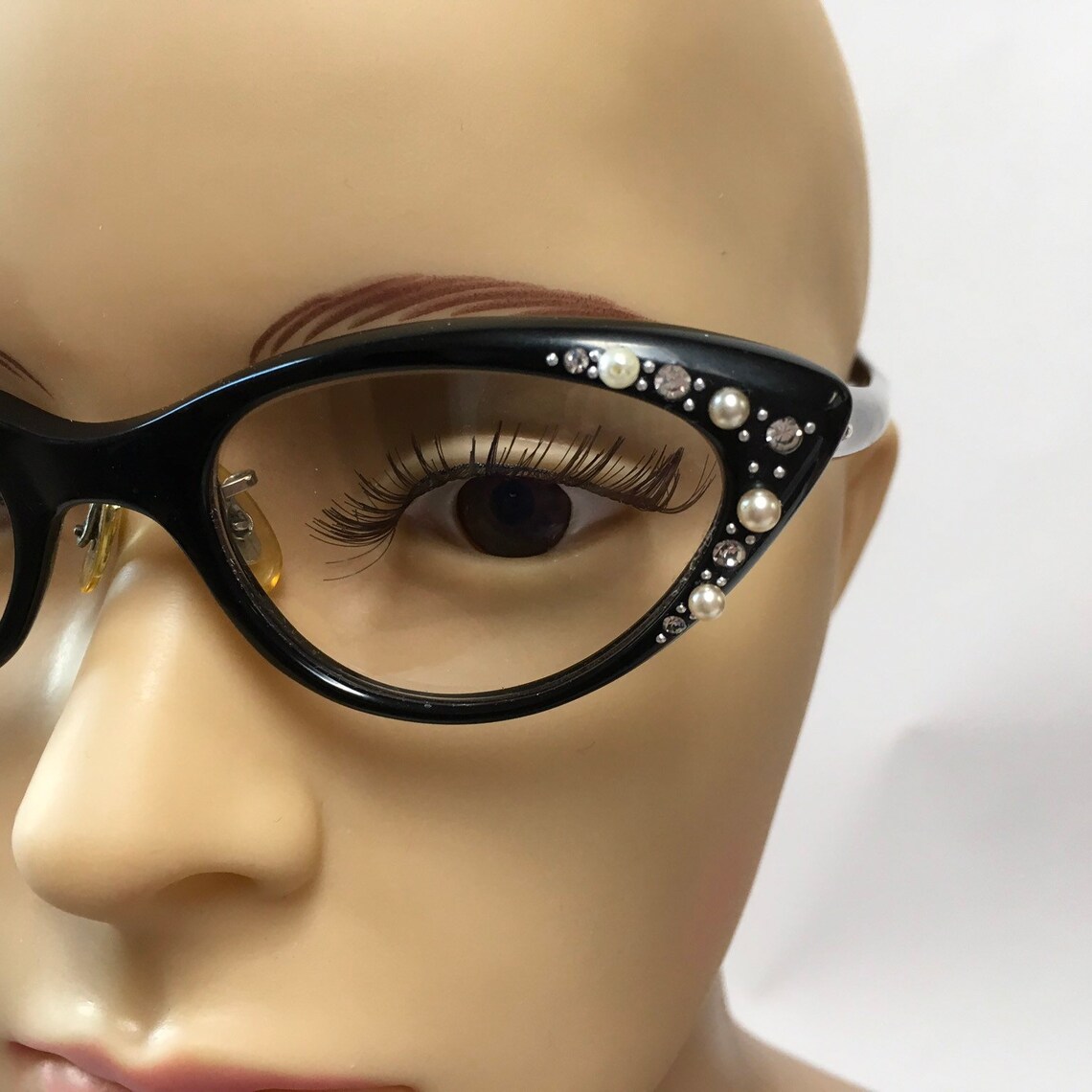 Cat Eye Glasses Frame Black Rhinestones Pearls Fay France Eyeglasses ...
