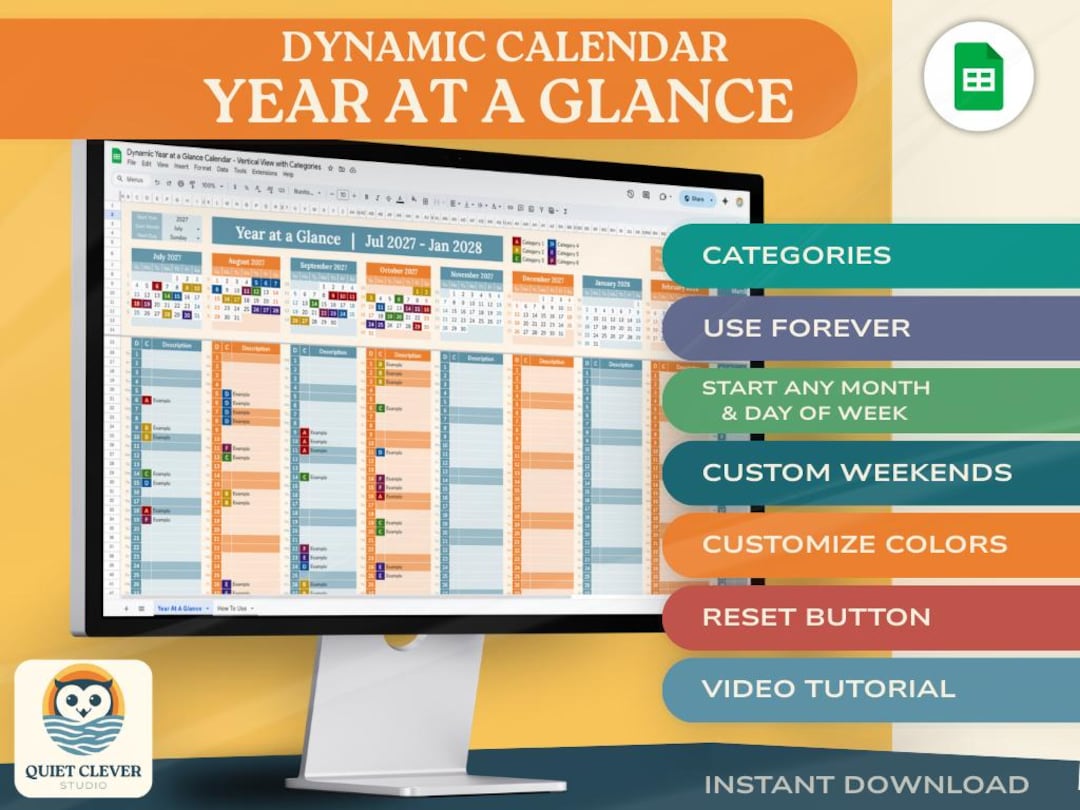 Dynamic Year at a Glance Calendar | Color-coded Categories Google ...