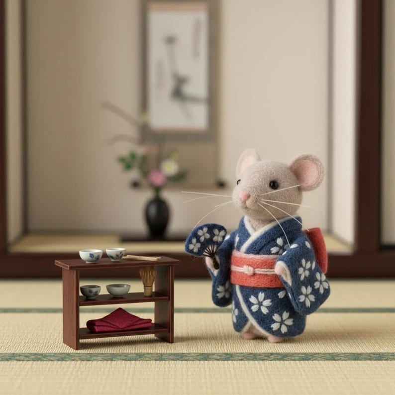 Handmade Needle Felted Kimono Mouse Tea Ceremony Figurine, Wool Felt ...