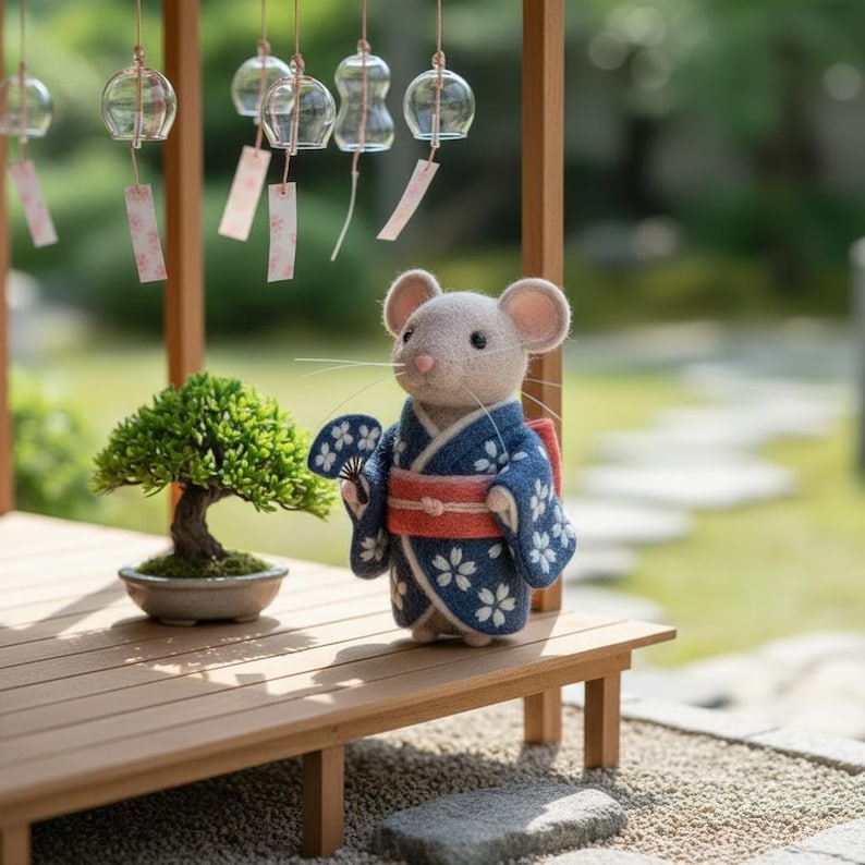 Handmade Needle Felted Kimono Mouse Tea Ceremony Figurine, Wool Felt ...