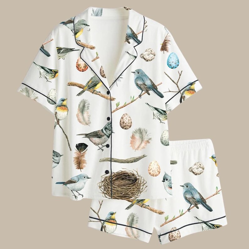 Bird Watcher Satin Pajama Set for Women, Songbird Nest Print Sleepwear ...