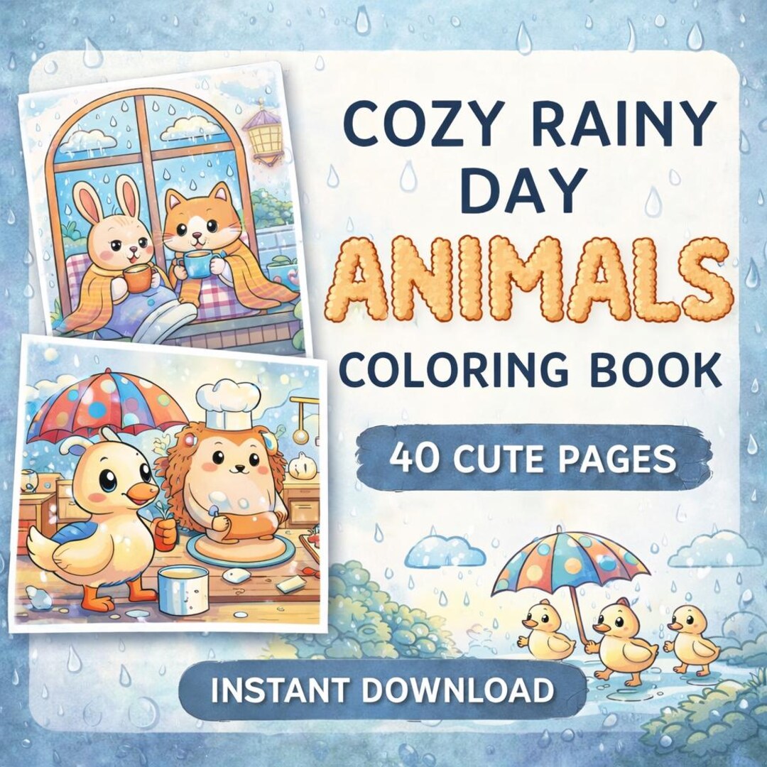 Cozy Rainy Day Animals Coloring Pages | Kawaii Style PDF (digital ...
