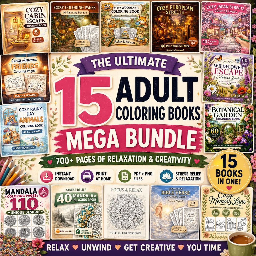 Adult Coloring Book Mega Bundle, 15 Printable PDF Books, 700+ Pages ...