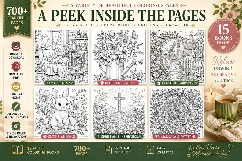 Adult Coloring Book Mega Bundle, 15 Printable PDF Books, 700+ Pages ...