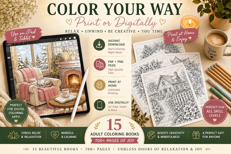 Adult Coloring Book Mega Bundle, 15 Printable PDF Books, 700+ Pages ...