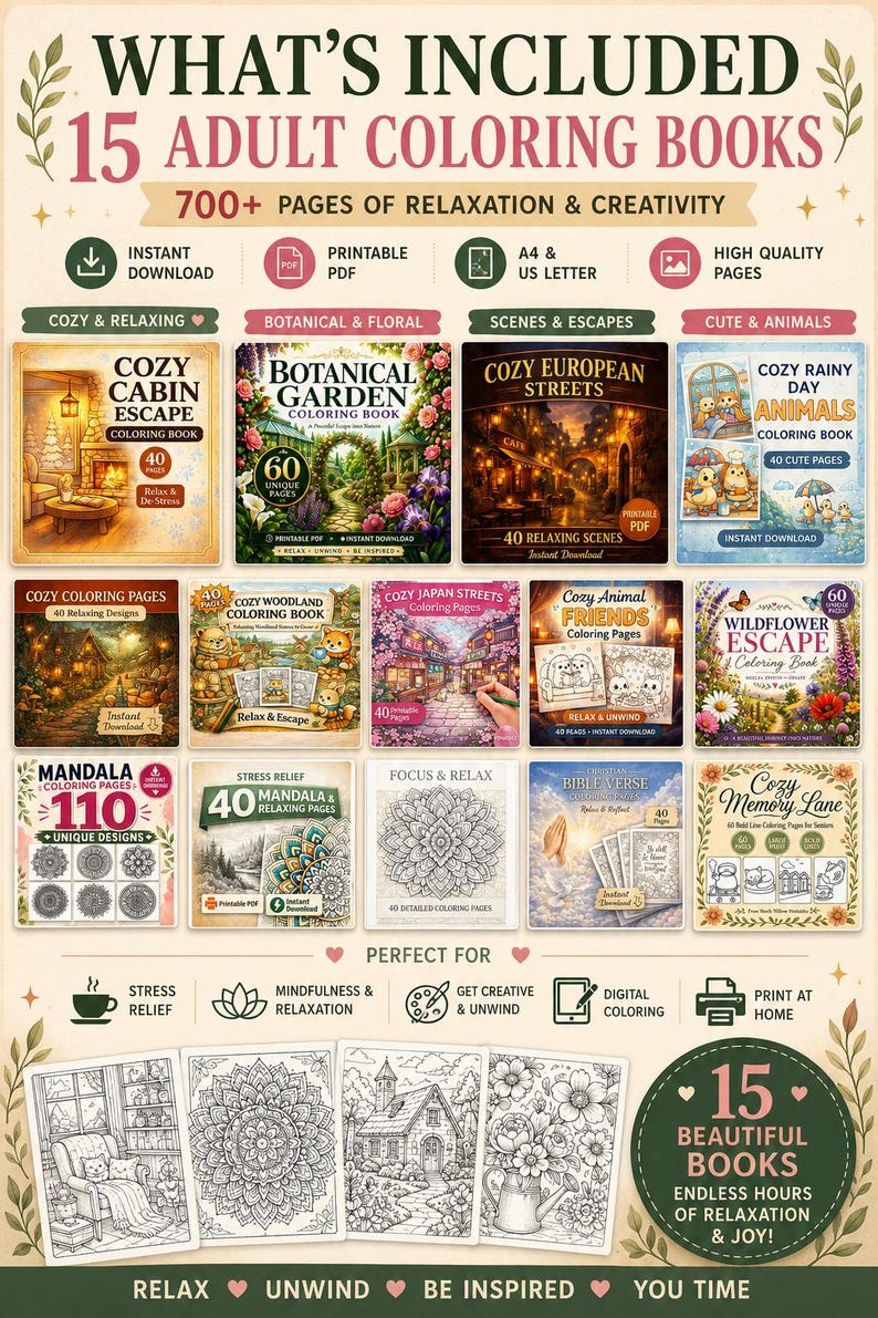 Adult Coloring Book Mega Bundle, 15 Printable PDF Books, 700+ Pages ...