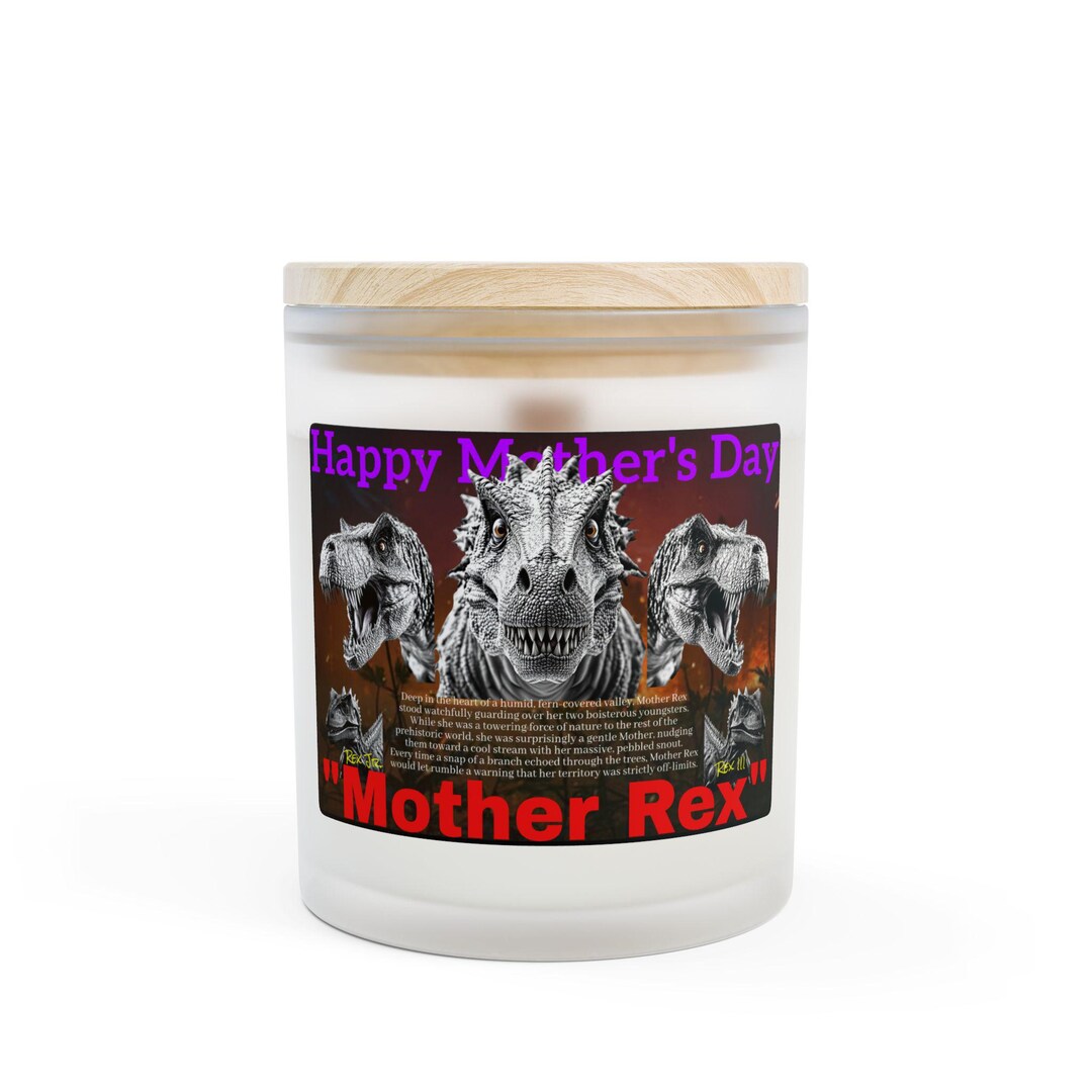 Mother Rex Dinosaur Collage Candle, Frosted Glass, Wooden Wick, Coconut ...