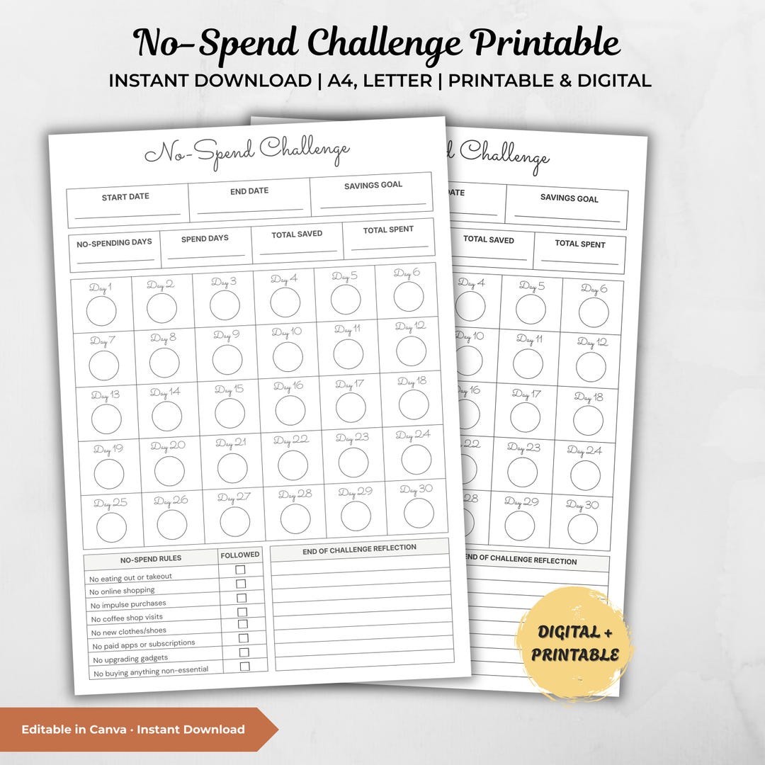 30 Day No-spend Challenge Printable, Monthly Savings Tracker With Rules ...