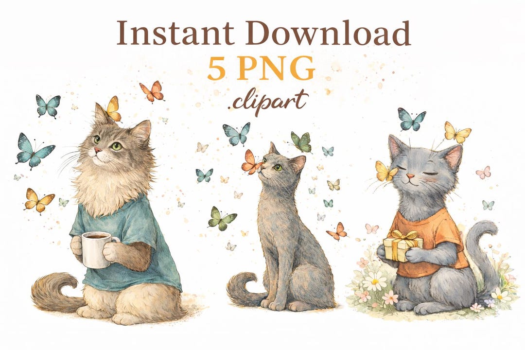Cute Cat Clipart Set, Watercolor Cat PNG, Butterfly Illustration ...