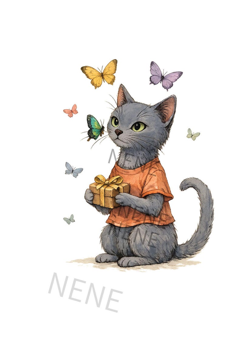 Cute Cat Clipart Set, Watercolor Cat PNG, Butterfly Illustration ...