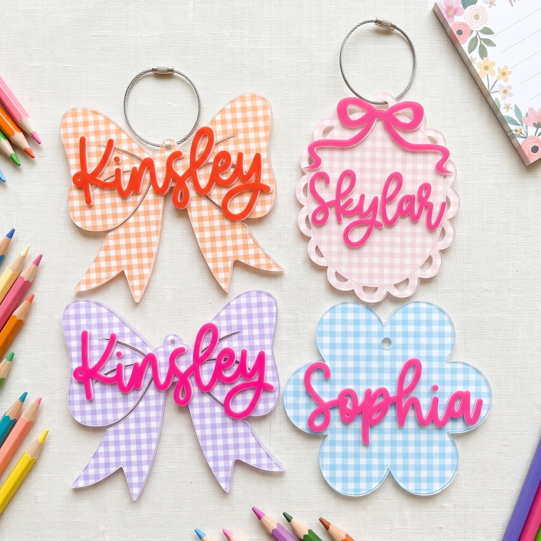 Personalized Coquette Backpack Girls Name Tag, Gingham Acrylic Backpack ...