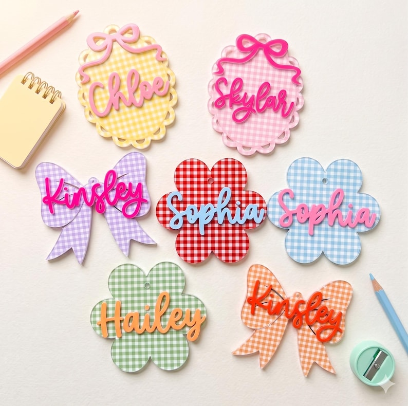 Personalized Coquette Backpack Girls Name Tag, Gingham Acrylic Backpack ...