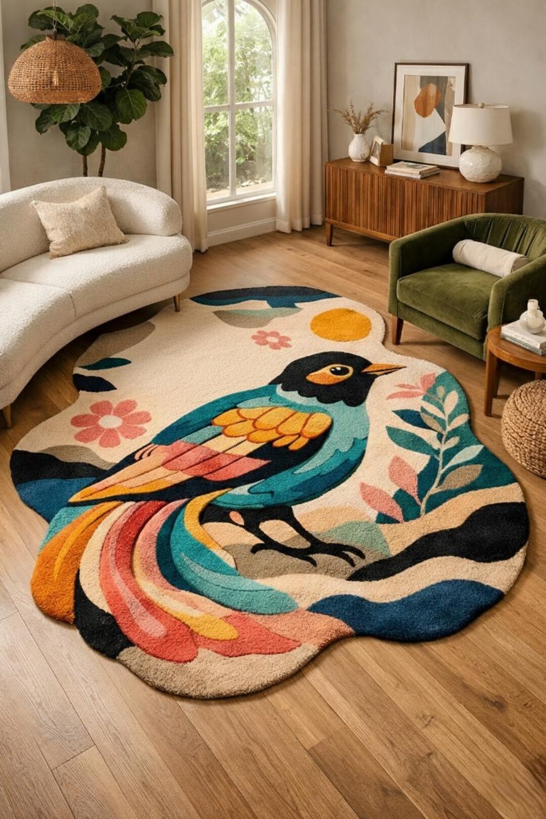 Hand Tufted Bird Shape, Colorful Animal Area Rug, Irregular Floral ...