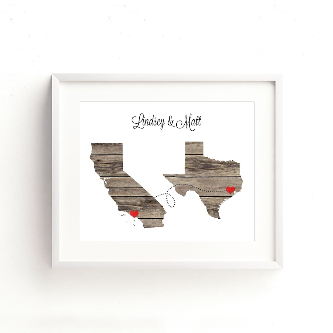 Two States Love Connection Gift - Long Distance Map Print - Burlap Wall ...