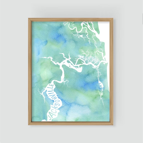 Jacksonville Florida Watercolor Map Hometown Wall Typography | Etsy