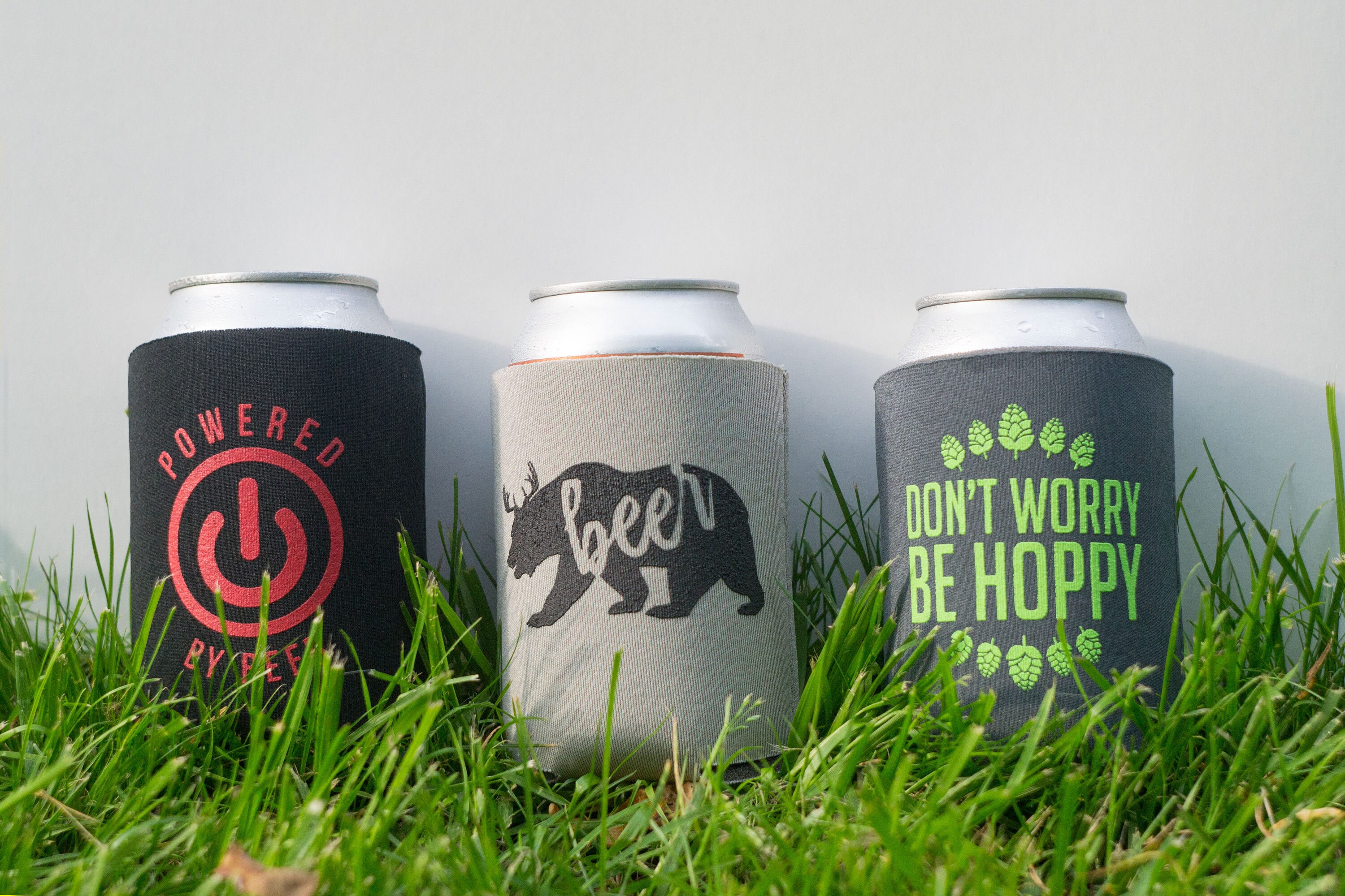 Powered by Beer Beer Bear Funny witty beer can cooler trio Don't Worry ...