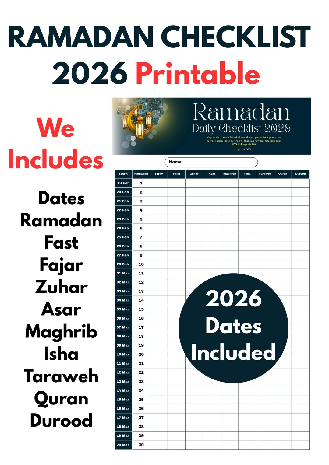 Ramadan Checklist 2026 | Prayer & Fasting Tracker (printable Digital ...