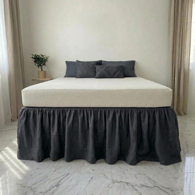 Linen Charcoal Bed Skirts | Handmade Ruffle Bedskirt King Queen Size ...