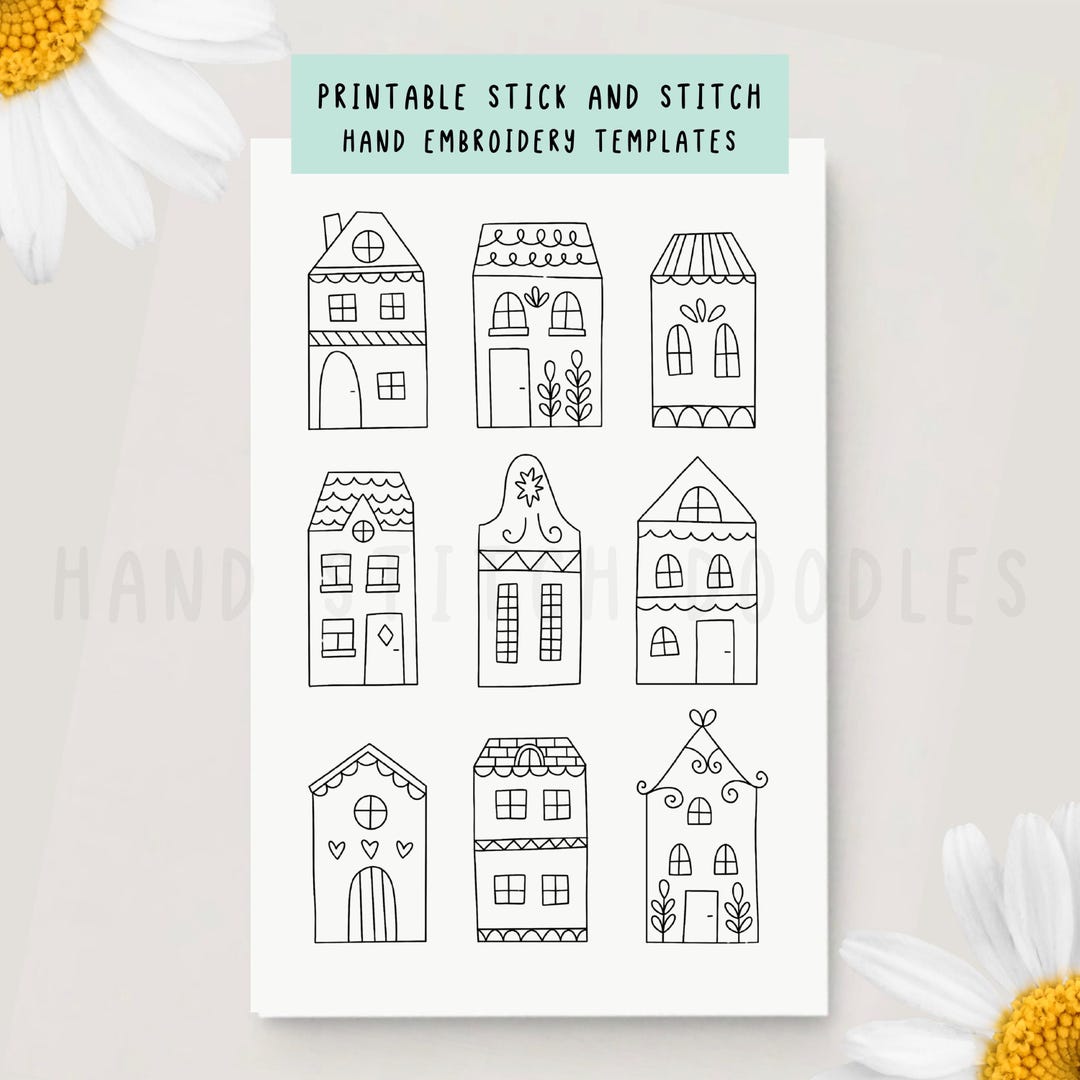 Doodle Houses Embroidery Pattern, Stick and Stitch Templates (digital ...