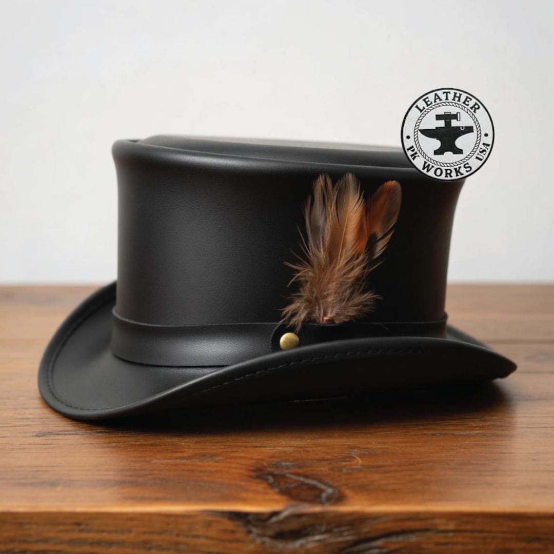 Black Leather Steampunk Top Hat | Feather Gothic Victorian Cosplay Hat ...