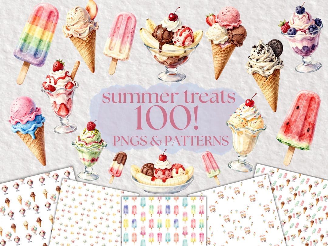 Ice Cream Clipart Bundle PNG, 100 Watercolor Summer Dessert Graphics ...