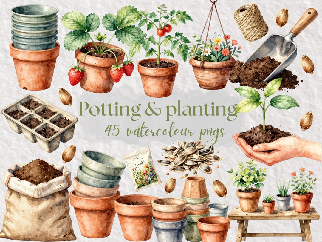 Potting & Planting Clipart PNG | Garden Pots, Terracotta Planters, Soil ...