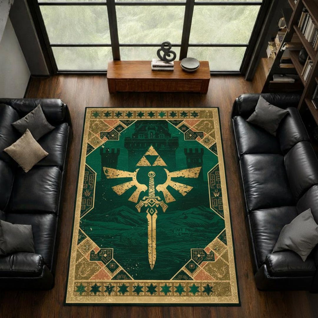 Fantasy Triforce Sword Rug, Green Gold Gamer Area Rug, Mythical Castle ...