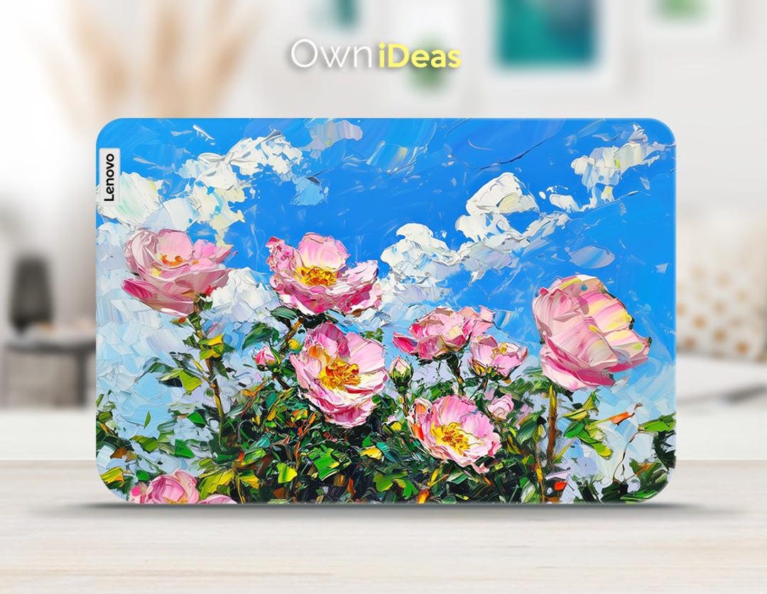 Lenovo Laptop Skin Pink Cute Oil Painting Flower Pattern Vinyl Sticker ...