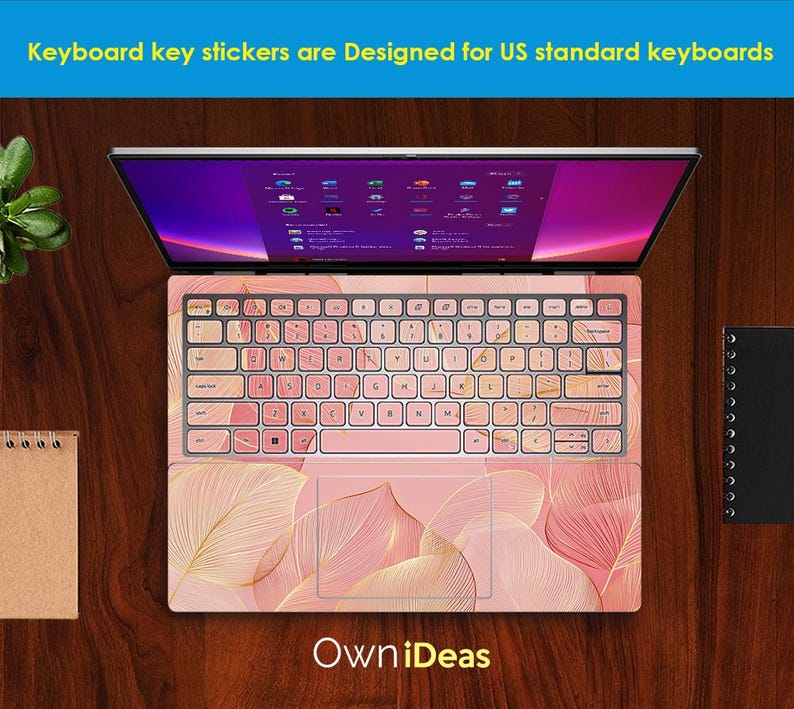 Dell Laptop Decal Pink Leaf Design Personalized Gift Custom Decal for ...