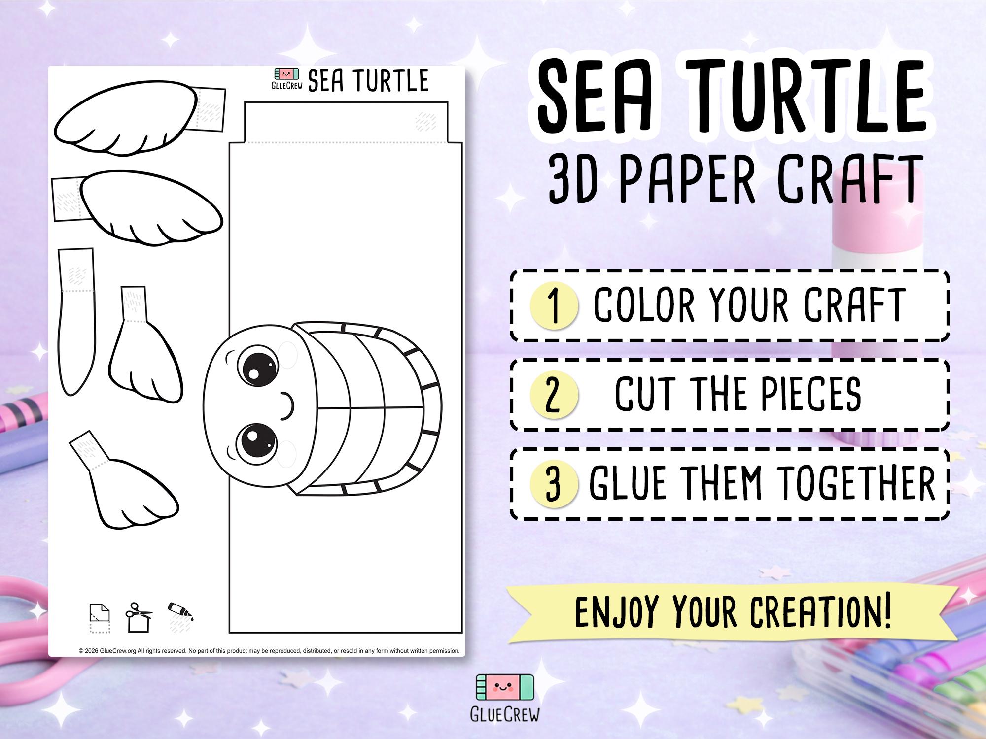 Sea Turtle 3D Cute Papercraft DIY Kit, Cartoon Style Kid-friendly Craft ...
