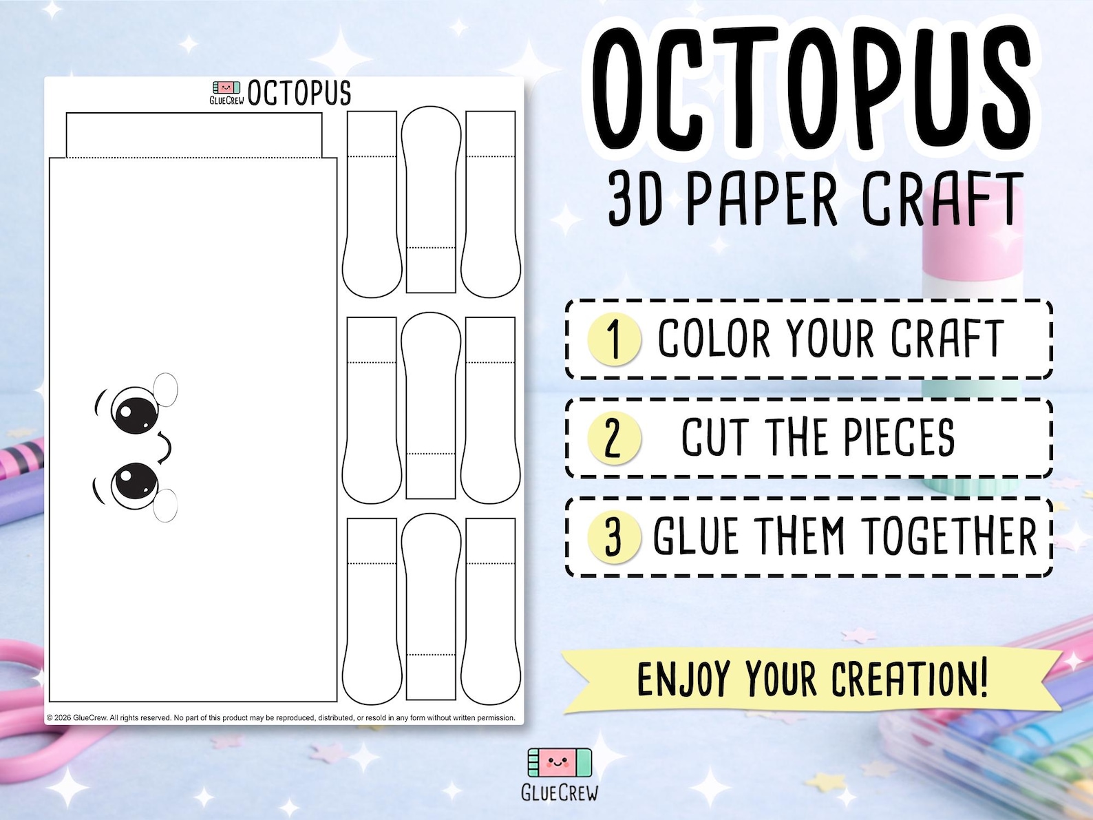Octopus Paper Craft Printable, Cute 3D Ocean Animal DIY Kit, Pink ...