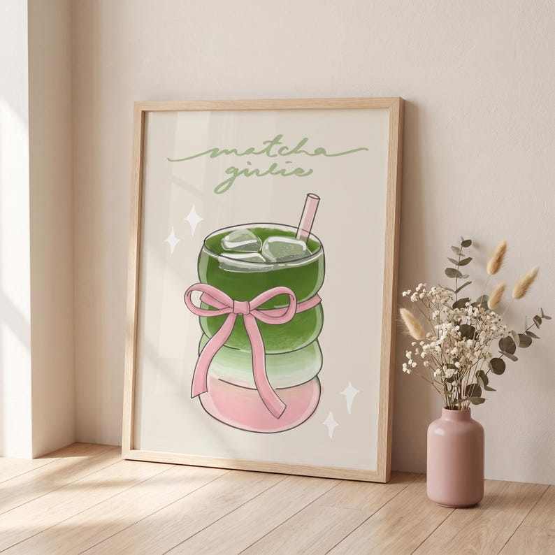 Matcha Drink Art Print | Cute Matcha Latte Poster | Pastel Kitchen ...