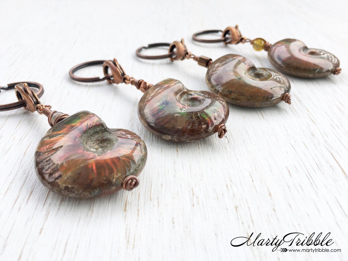 Ammonite Keychain: Sacred Geometry Fossil Keyring With Gemstone - Etsy