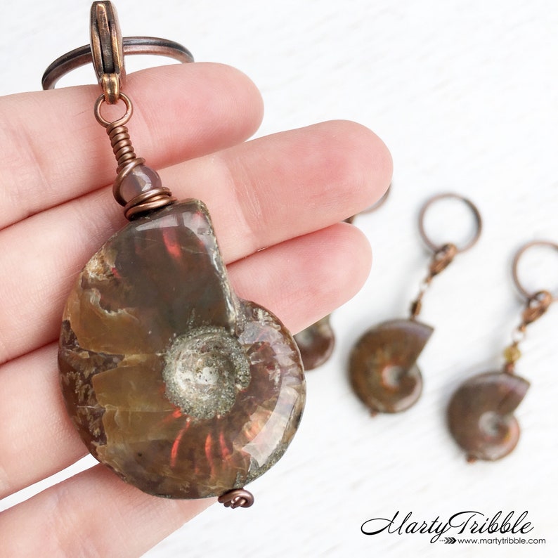 Ammonite Keychain: Sacred Geometry Fossil Keyring With Gemstone - Etsy