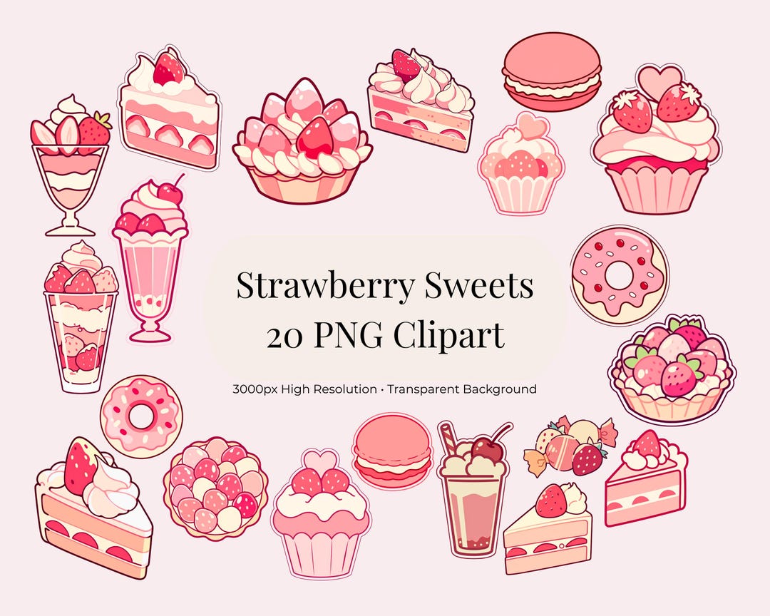 Strawberry Clipart Bundle, Pink Sweets PNG, Cute Dessert Clip Art, 20 ...