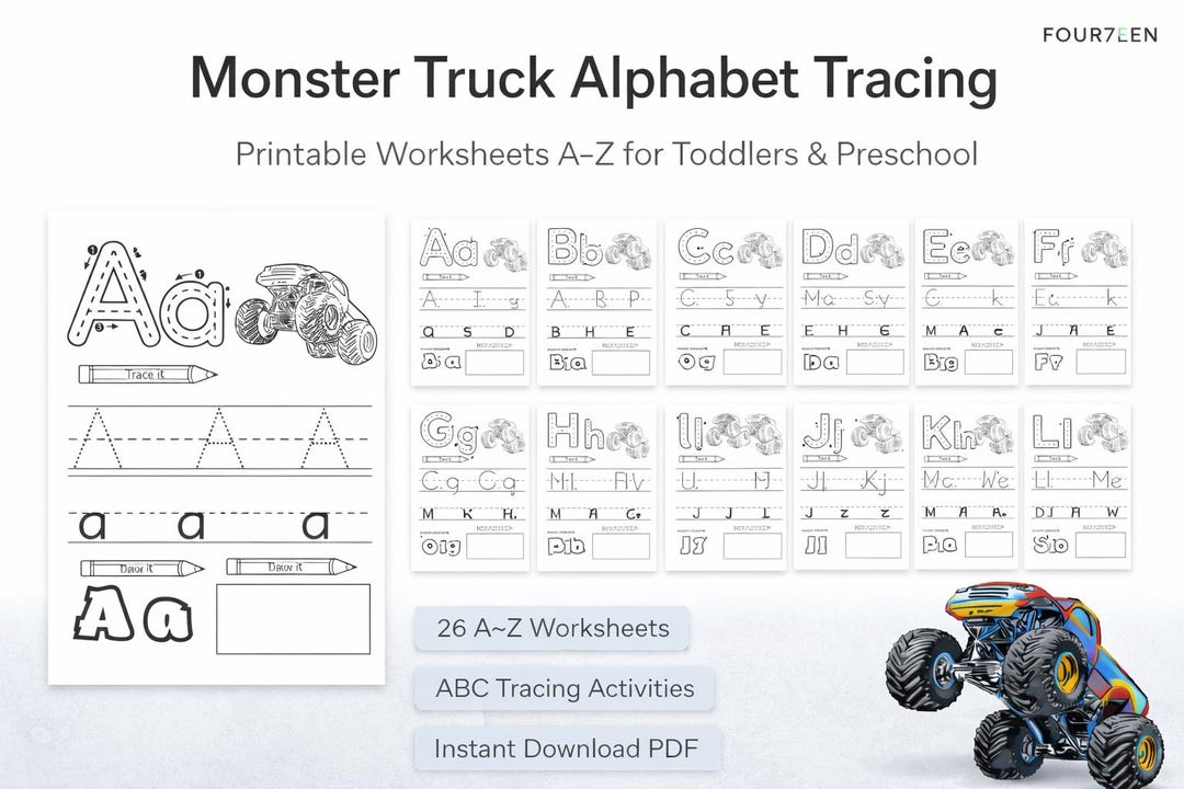 Monster Truck Alphabet Tracing Worksheet | A-Z Letter Practice (PDF ...
