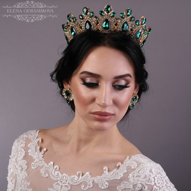 Wedding Crown gold emerald Crystal Crown rhinestones Tiara | Etsy