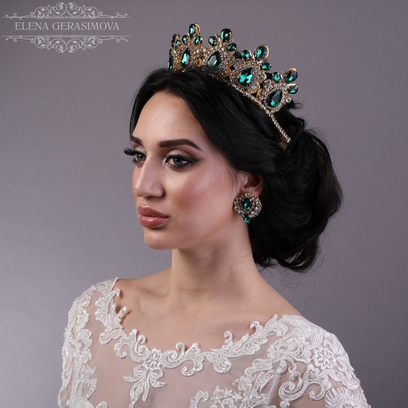 Wedding Crown gold emerald Crystal Crown rhinestones Tiara | Etsy