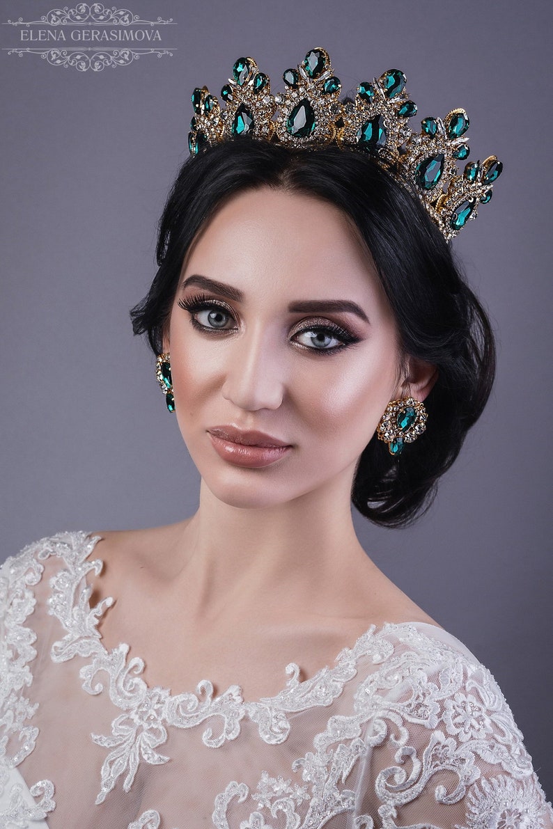 Wedding Crown gold emerald Crystal Crown rhinestones Tiara | Etsy